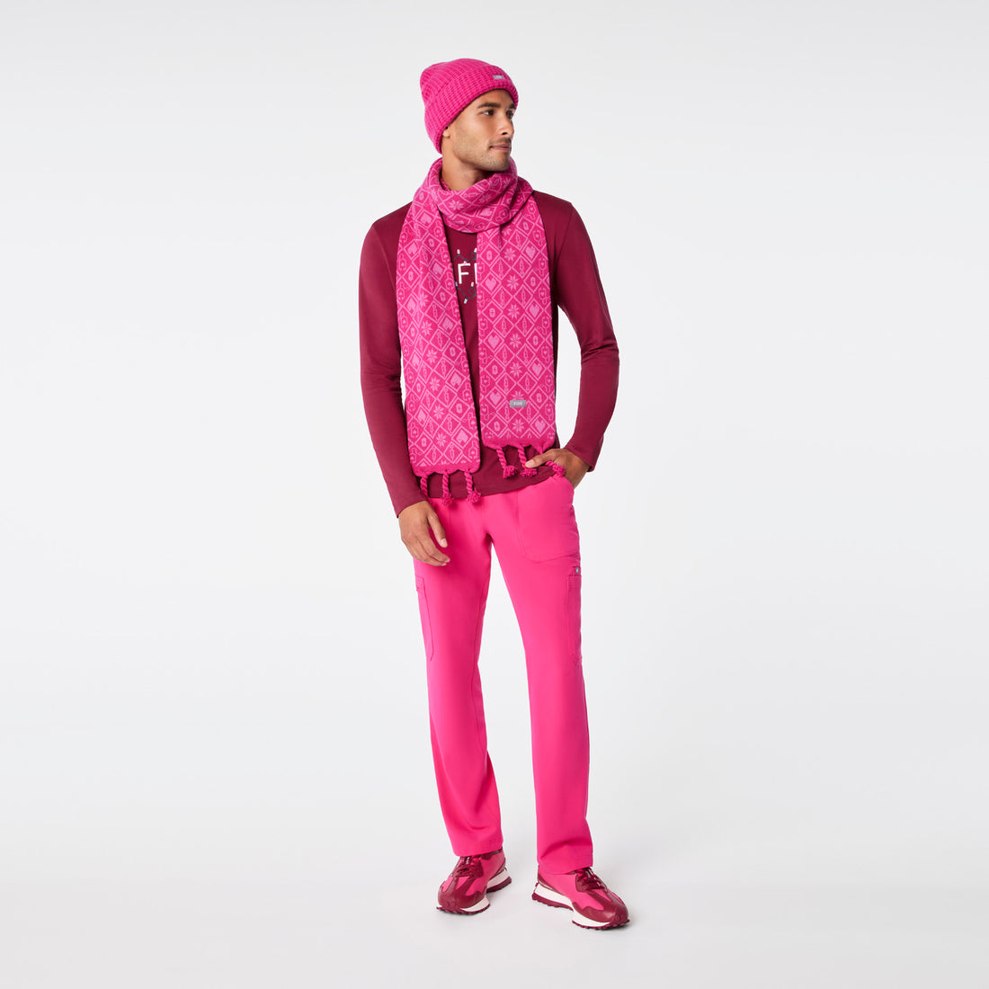 Bufanda Fair Isle tejida unisex - Rosa intenso · FIGS