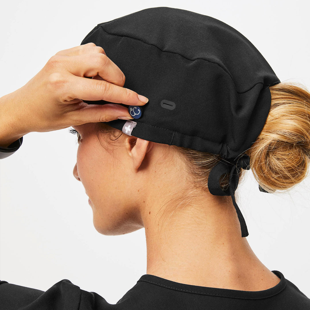 Modern Classic Scrub Cap with Buttonholes - Black · FIGS