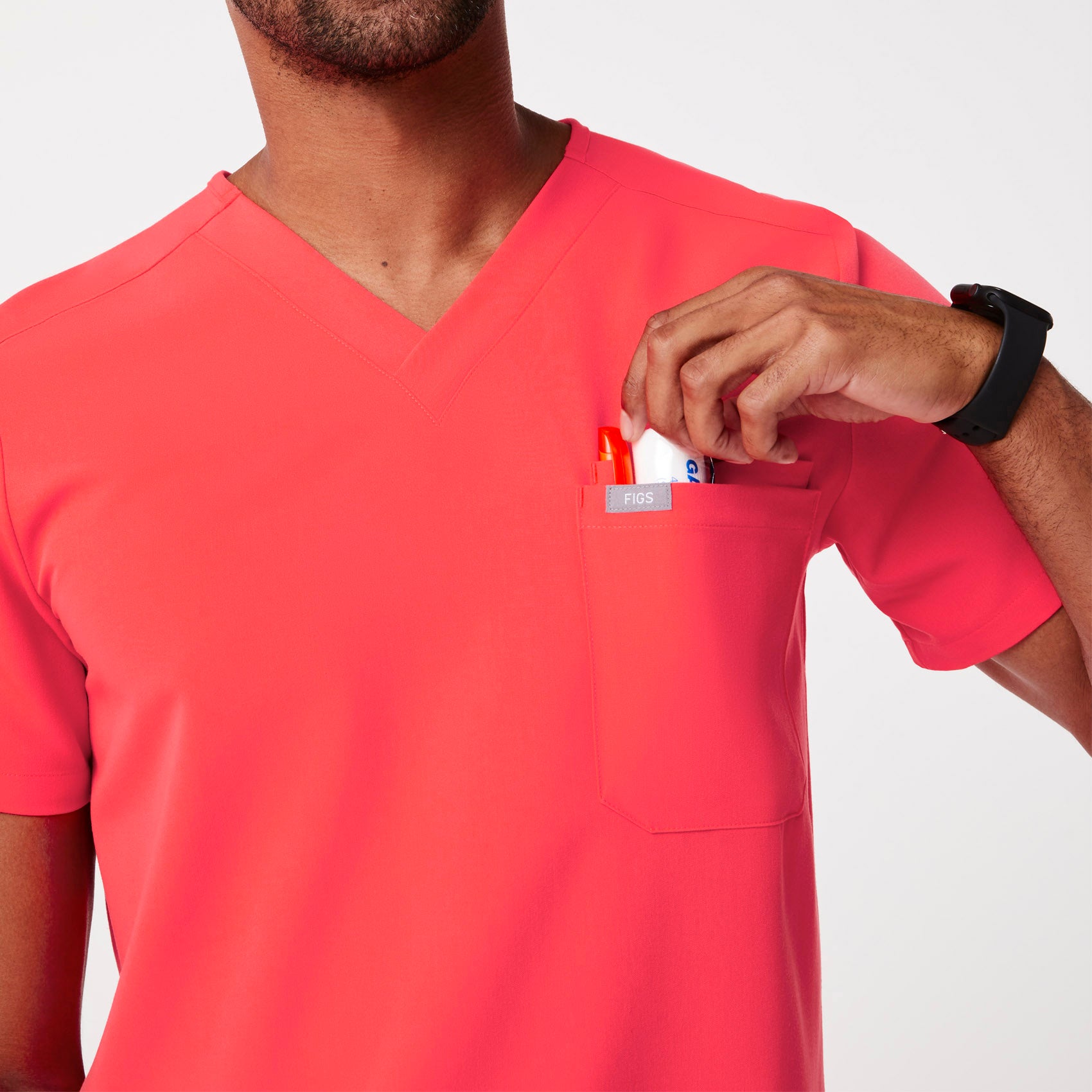 Men's Leon™ Three-Pocket Scrub Top - Fiery Coral · FIGS